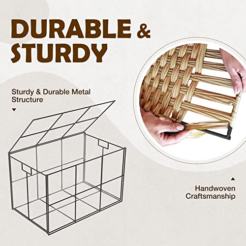 Greenstell Storage Basket with Lid, Handwoven Large Shelf Basket with Cotton Liner and Metal Frame, Foldable & Easy to Install, Storage Box Basket with Handle for Bedroom, Laundry Room Natural 105L