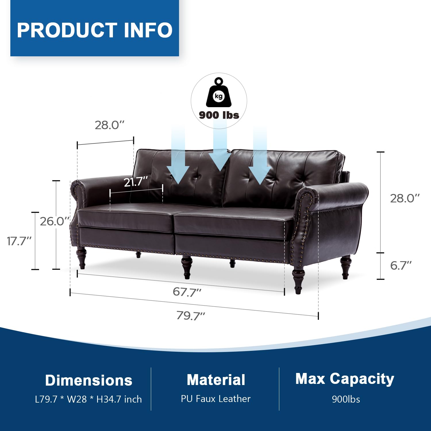 DIFY 80” Leather Faux Loveseat Sofa, Mid-Century Modern Couch with Soft Cushion and Firm Structure, Perfect Furniture for Living Room, Bedroom, Small Space.(Black)