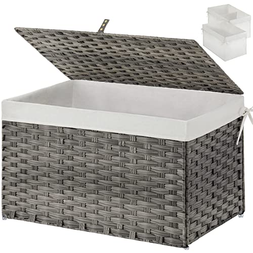 Greenstell Storage Basket with Lid, Handwoven Large Shelf Basket with Cotton Liner and Metal Frame, Foldable & Easy to Install, Storage Box Basket Bin with Handle for Bedroom, Laundry Room Grey 105L