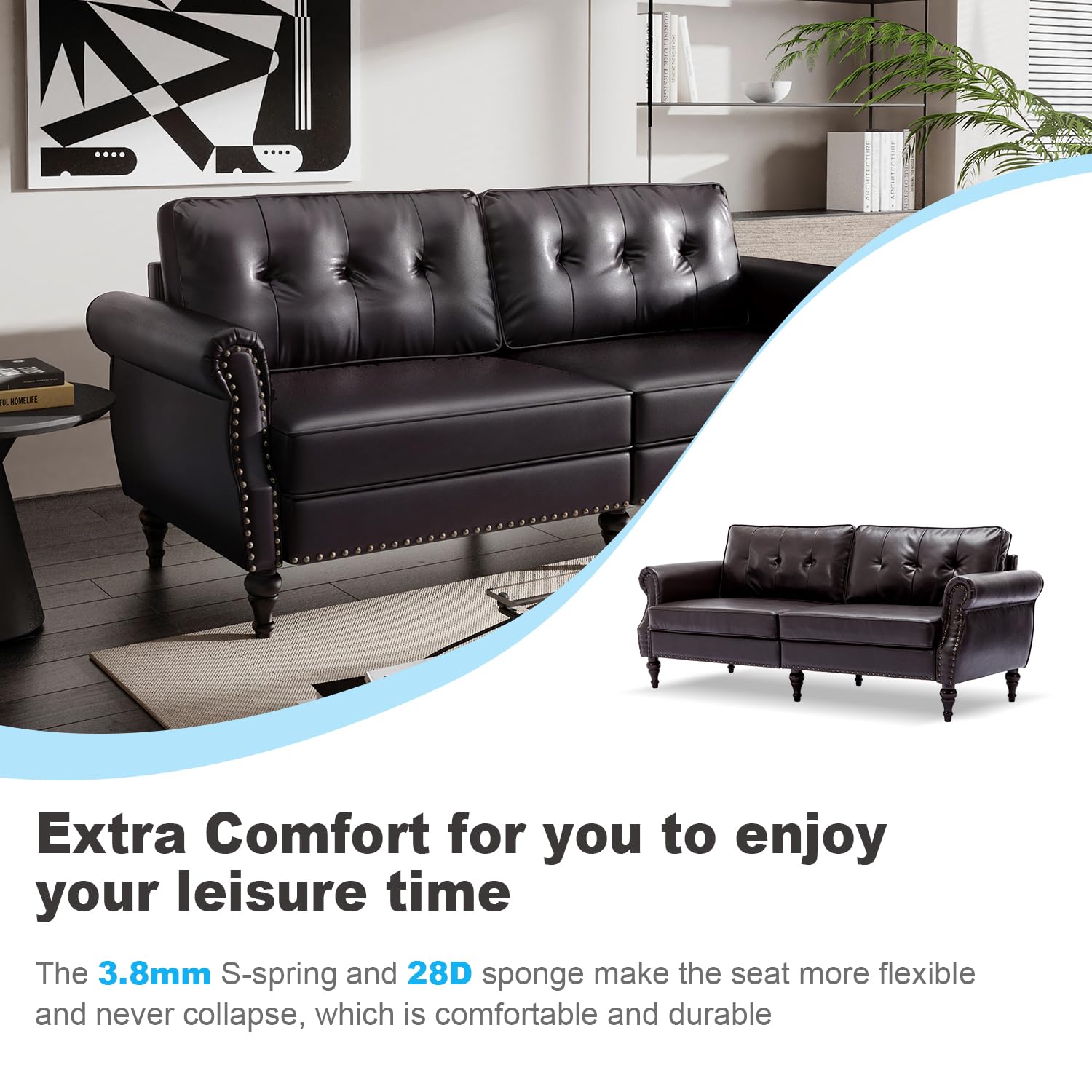 DIFY 80” Leather Faux Loveseat Sofa, Mid-Century Modern Couch with Soft Cushion and Firm Structure, Perfect Furniture for Living Room, Bedroom, Small Space.(Black)
