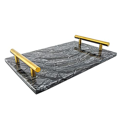 BustleDust Handmade Marble Decorative Tray with Golden Handles,Vanity Tray, Cosmetics Perfume Tray, Jewelery Diplay Tray, Dresser Organizer Tray(Black 11.8 x 7.9 x 0.39in)