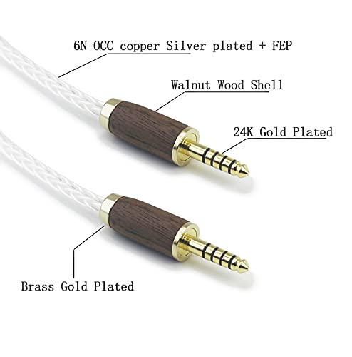 NewFantasia 4.4mm Male to Male Balanced 5 Pole Headphone Audio Adapter Cable 8 Cores 6N OCC Copper Single Crystal Silver Plated Wire Walnut Wood Shell 4.4mm to 4.4mm Male 15cm