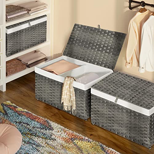 Greenstell Storage Basket with Lid, Handwoven Large Shelf Basket with Cotton Liner and Metal Frame, Foldable & Easy to Install, Storage Box Basket Bin with Handle for Bedroom, Laundry Room Grey 105L