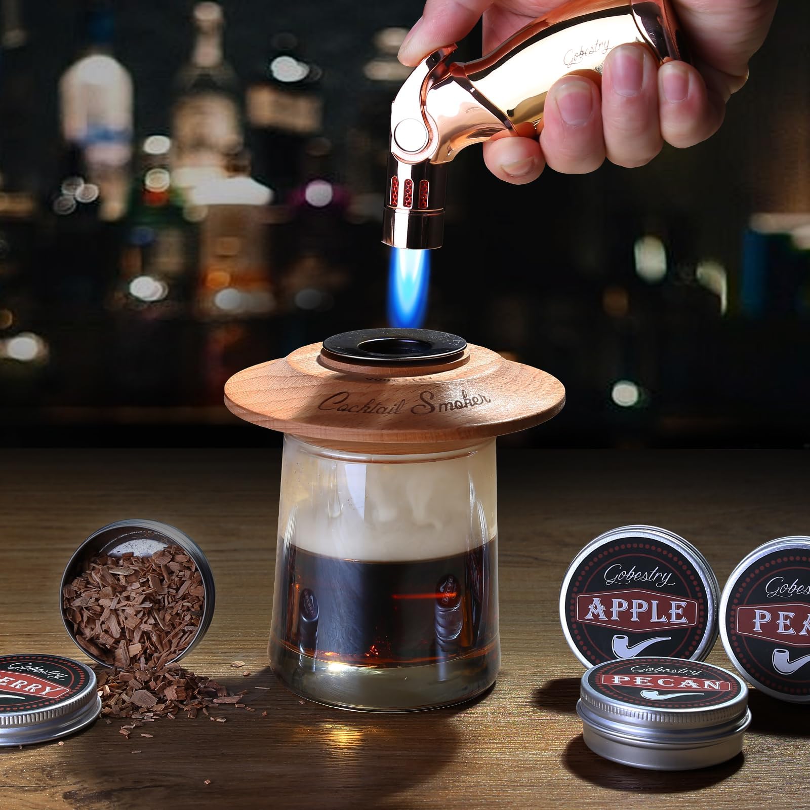 GOBESTRY Cocktail Smoker Kit with Torch – 6 Flavors Wood Chips – Bar Tools, Old Fashioned Cocktail Kit, Birthday Bourbon Whiskey Gifts for Men, Dad, Husband (Without Butane) (BLACK, One Size)