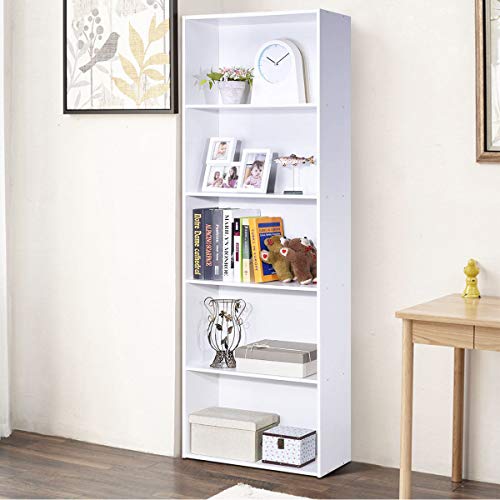 DORTALA Bookcase 5-Shelf Multi-Functional Modern Wood Storage Display Open Bookshelf for Home Office, White
