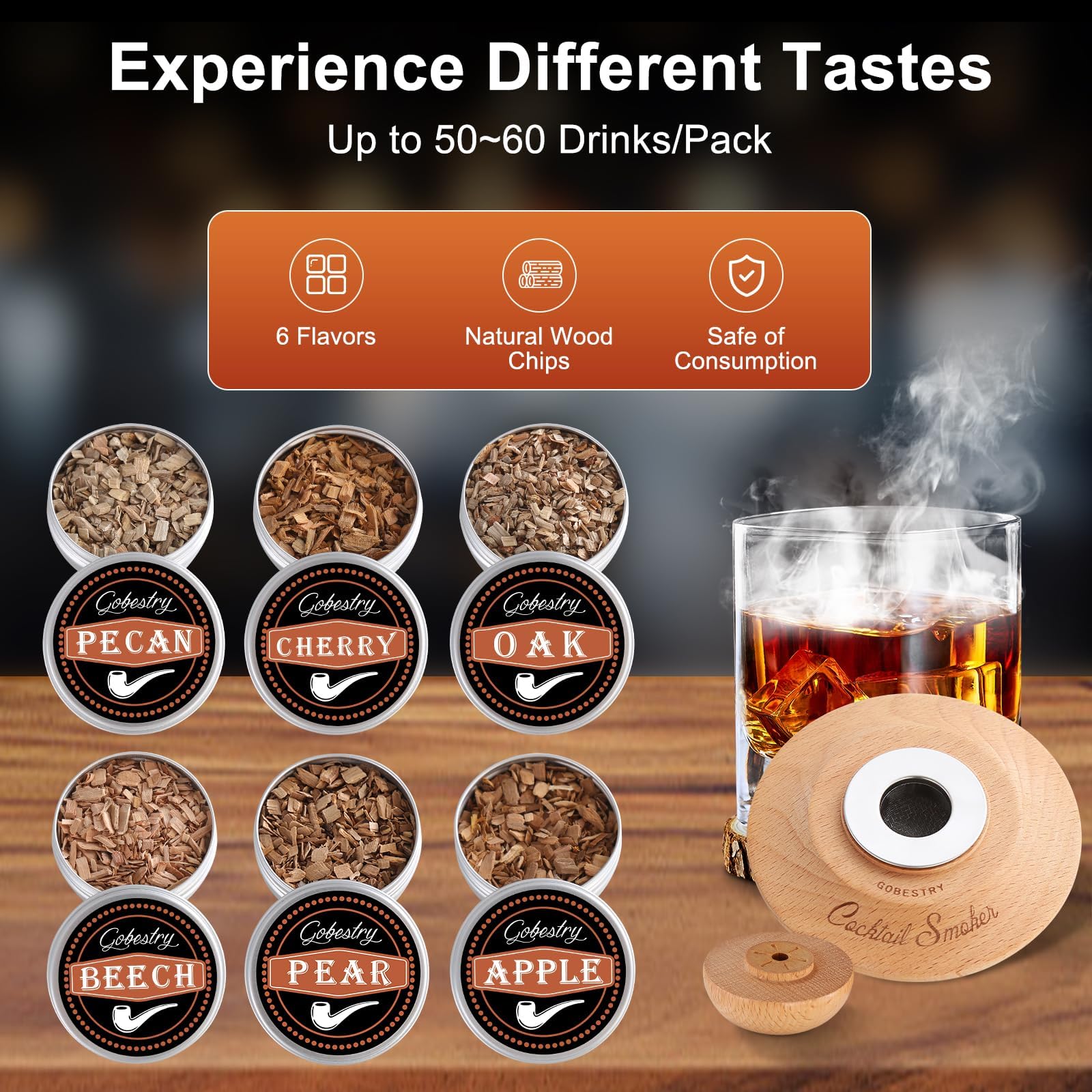 GOBESTRY Cocktail Smoker Kit with Torch – 6 Flavors Wood Chips – Bar Tools, Old Fashioned Cocktail Kit, Birthday Bourbon Whiskey Gifts for Men, Dad, Husband (Without Butane) (BLACK, One Size)