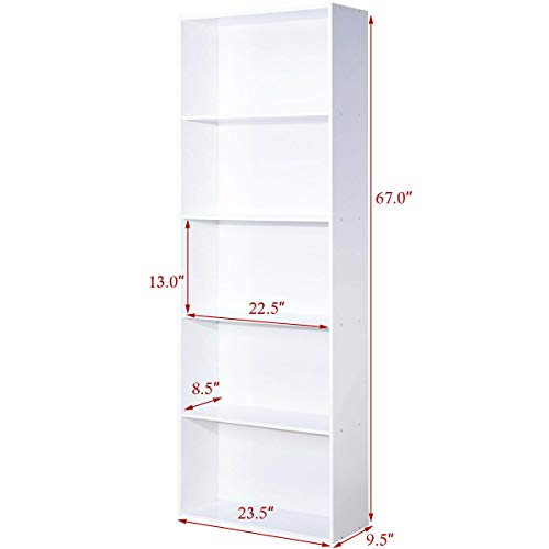 DORTALA Bookcase 5-Shelf Multi-Functional Modern Wood Storage Display Open Bookshelf for Home Office, White
