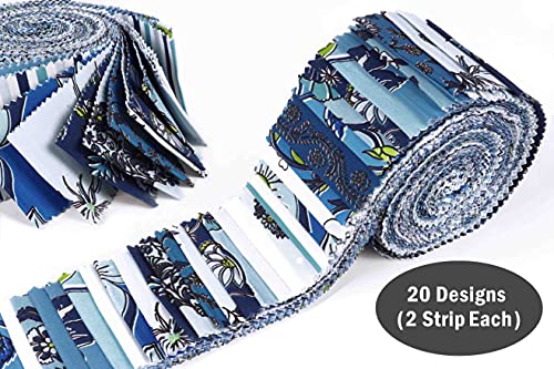 Soimoi 40Pcs Block Print Cotton Precut Fabrics for Quilting Craft Strips 2.5x42inches Jelly Roll - Blue