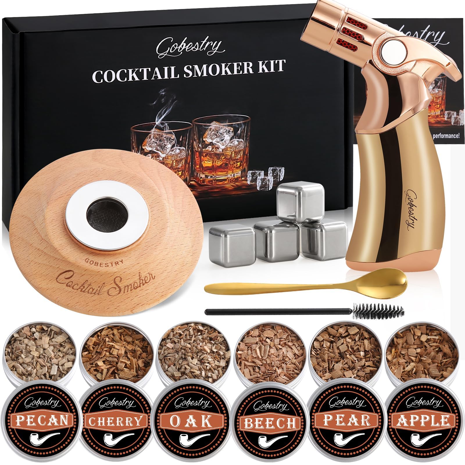 GOBESTRY Cocktail Smoker Kit with Torch – 6 Flavors Wood Chips – Bar Tools, Old Fashioned Cocktail Kit, Birthday Bourbon Whiskey Gifts for Men, Dad, Husband (Without Butane) (BLACK, One Size)
