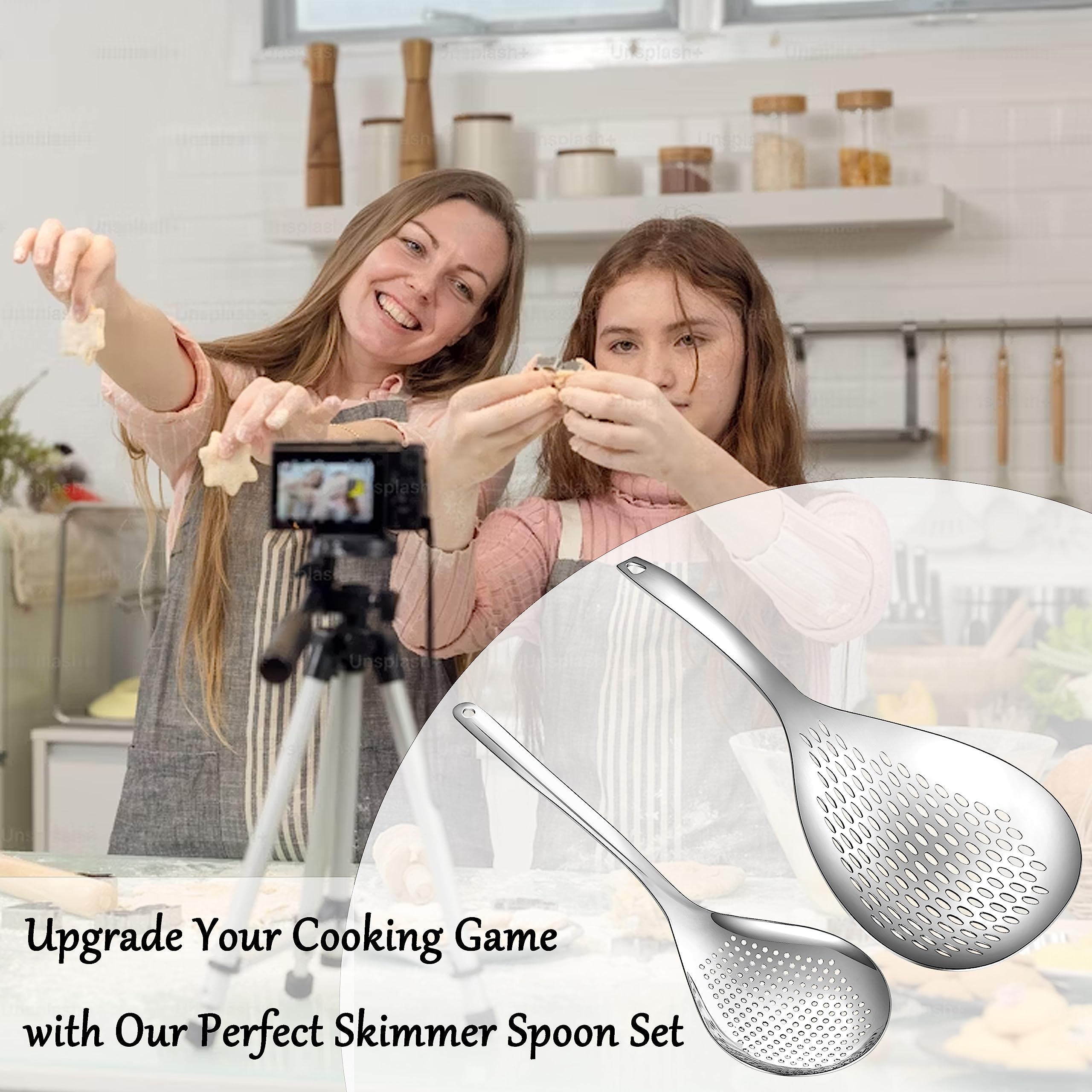 2 Pack Skimmer Slotted Spoon Stainless Steel Strainer Spoon Skimmer Ladle Skimmer Spoon Set Spider Strainer Colander Metal Slotted Spoon Spider Kitchen Utensil for Kitchen Cooking Draining and Frying