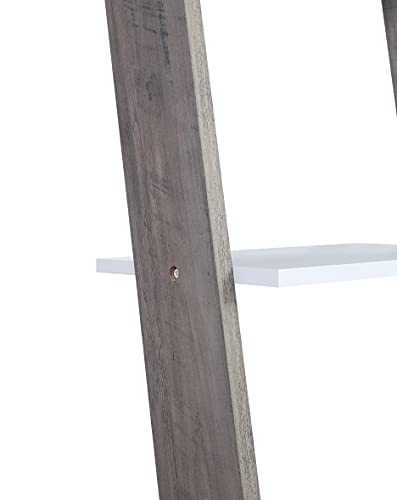RAAMZO Two-Tone White and Weathered Grey Finish 5 Tier Bookcase Shelf Ladder Leaning with Drawer - 74" Height
