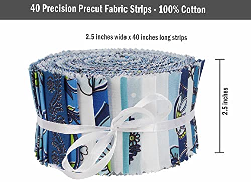 Soimoi 40Pcs Block Print Cotton Precut Fabrics for Quilting Craft Strips 2.5x42inches Jelly Roll - Blue