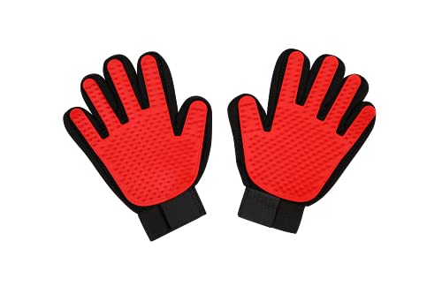 Furever Loyal Pet Grooming Gloves - Ultimate Brushing Tools for Cats & Dogs - Better for Hair Removal & Deshedding Than Brushes - The Original Five Finger Glove for Short & Long Fur (1 Pair, Red)