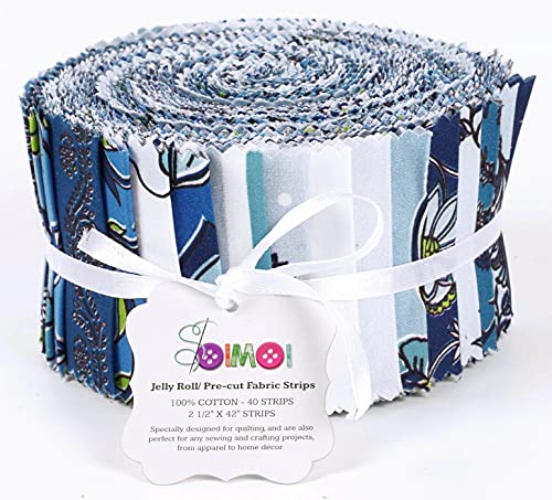 Soimoi 40Pcs Block Print Cotton Precut Fabrics for Quilting Craft Strips 2.5x42inches Jelly Roll - Blue