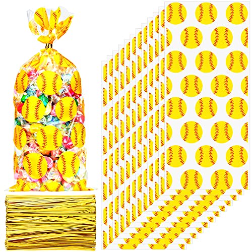 Outus 100 Pieces Softball Party Cello Bags Cellophane Softball Treat Bags Softball Goody Gift Treat Bags with 200 Gold Twist Ties for Birthday Favors Party Supply Bags Goody Favor Bags (Transparent)