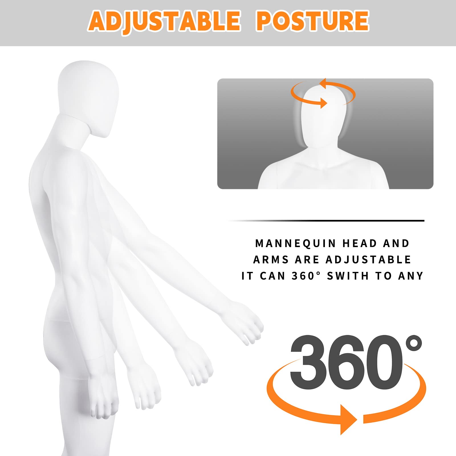 Male Dress Form Mannequin Full Body Adjustable Model Maniquin Stand Realistic Display Maniquine Head Metal Base for Clothing Shops, White Matte 73 inch