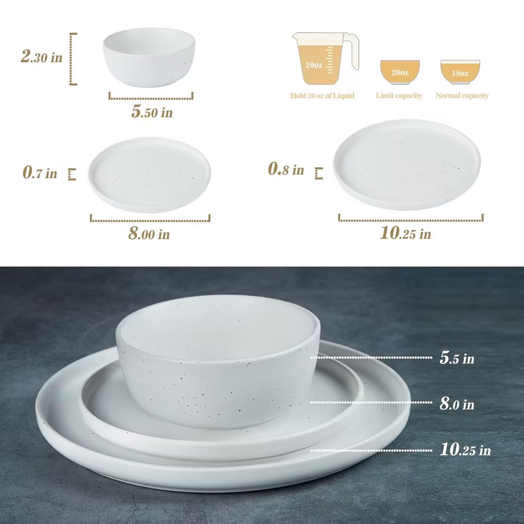 Famiware Dawn Plates and Bowls Sets, 12 Pieces Stoneware Dinnerware Sets, Dishes Set for 4, Microwave and Dishwasher Safe, White Matte