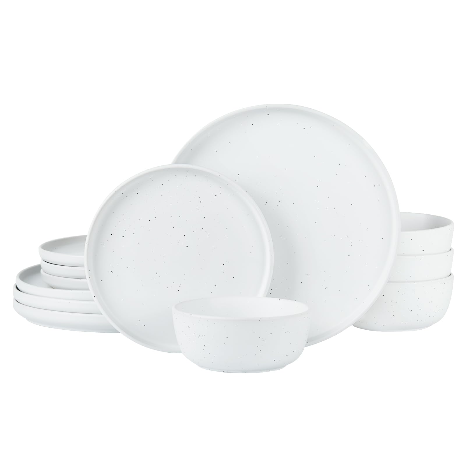 Famiware Dawn Plates and Bowls Sets, 12 Pieces Stoneware Dinnerware Sets, Dishes Set for 4, Microwave and Dishwasher Safe, White Matte