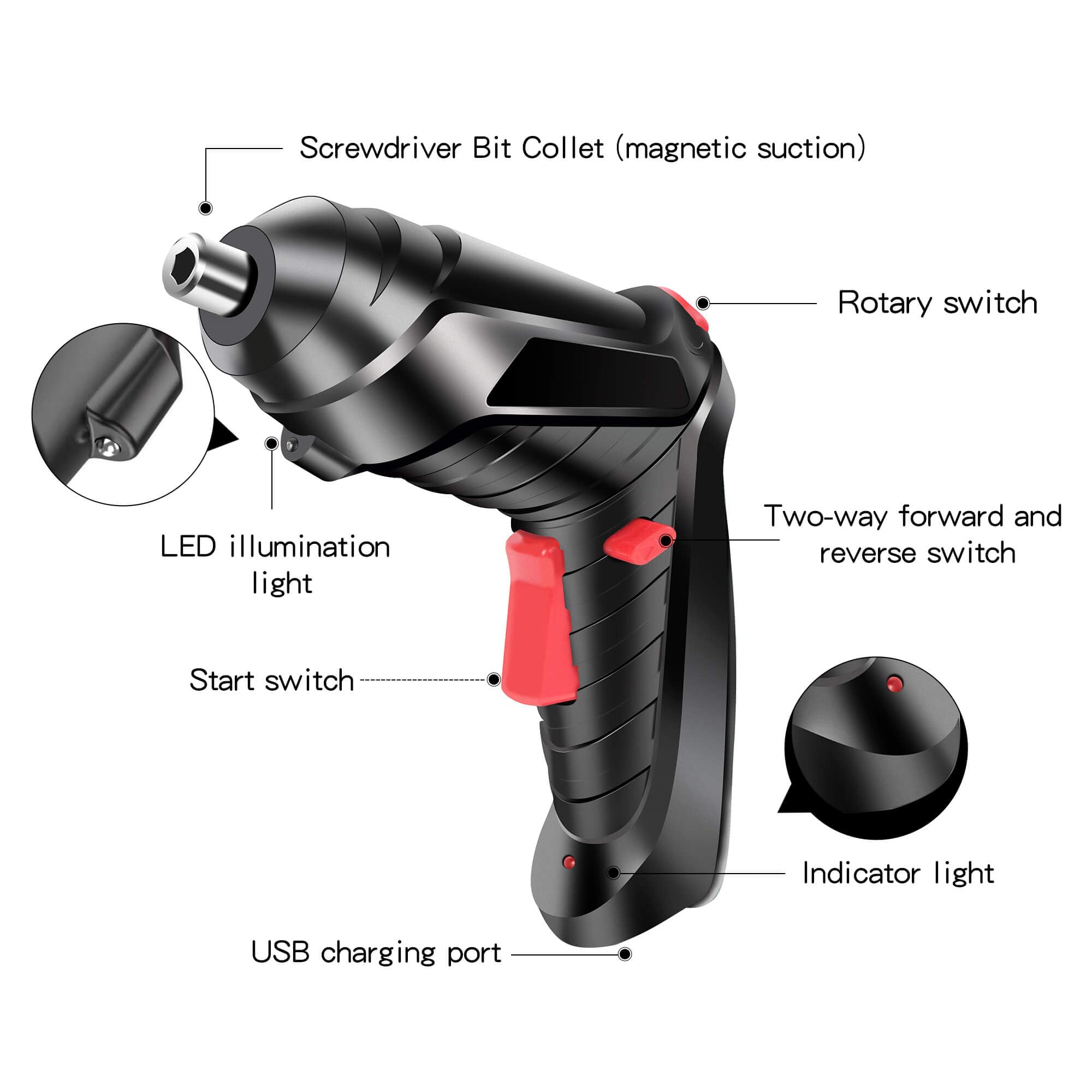 Electric Screwdriver 47pcs Cordless Screwdriver 3.5N.m Power Screwdriver, 3.6V Cordless Drill Screwdriver Rechargeable with Led Light, Deformation Handle (Large)