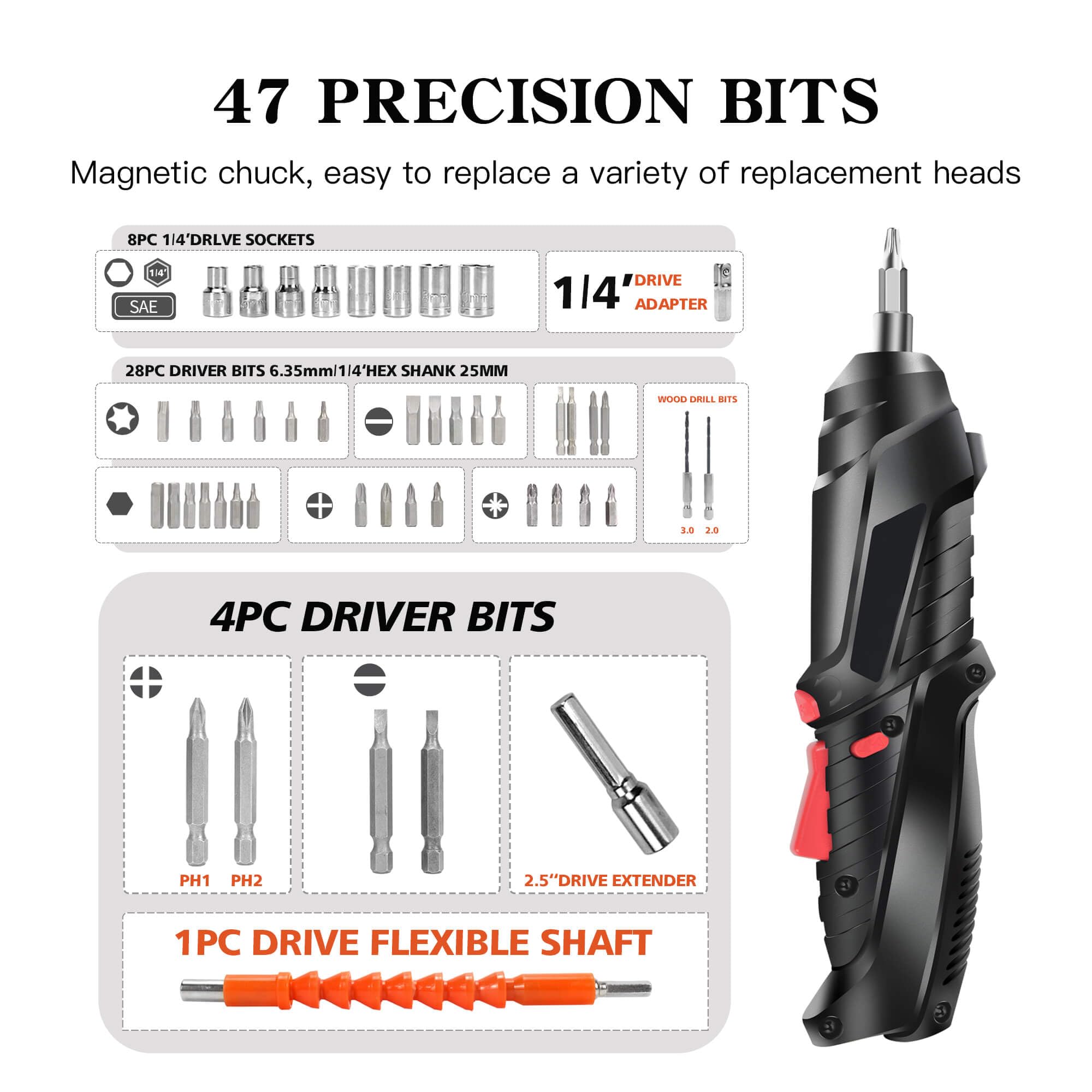 Electric Screwdriver 47pcs Cordless Screwdriver 3.5N.m Power Screwdriver, 3.6V Cordless Drill Screwdriver Rechargeable with Led Light, Deformation Handle (Large)