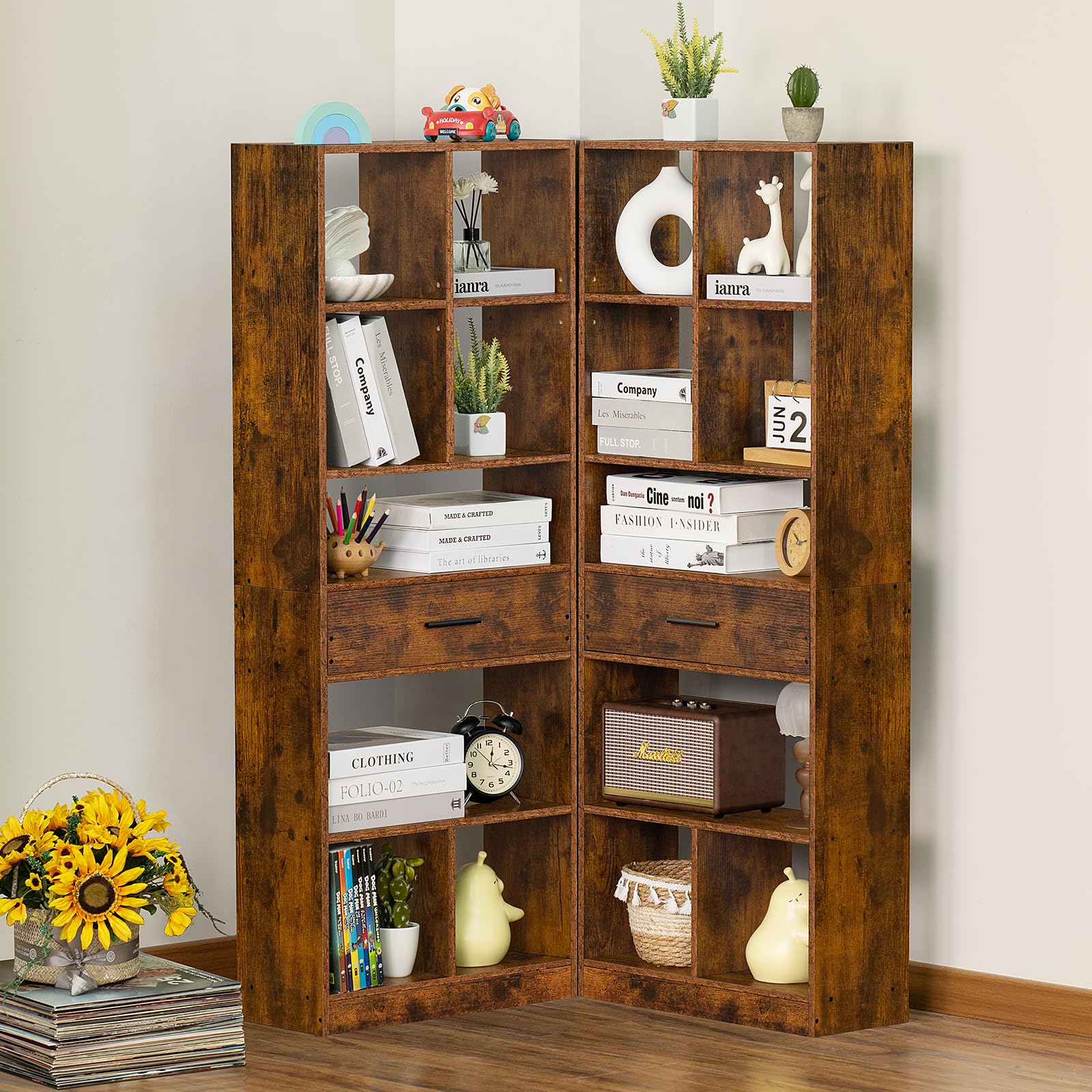 LELELINKY 6 Tier Open Bookshelf Mid Century Modern Bookcase, Wood Book Shelf with 8 Cubes and a Drawer, Floor Freestanding Bookshelves Cube Storage Organizer for Bedroom, Living Room, Office (Brown)