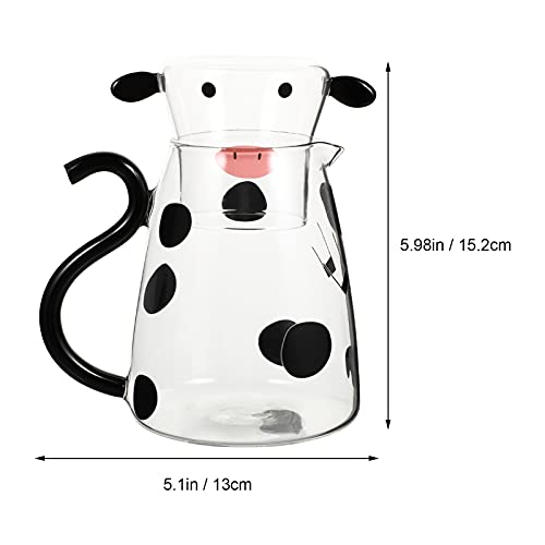1 Set Glass Carafe Pitcher with Glass Mug Cute Cow Glass Tea Pitcher Kettle Milk Jug Night Water Carafe for Midnight Drink Home Office Hotel 550ml