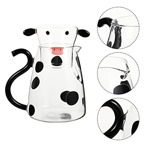 1 Set Glass Carafe Pitcher with Glass Mug Cute Cow Glass Tea Pitcher Kettle Milk Jug Night Water Carafe for Midnight Drink Home Office Hotel 550ml