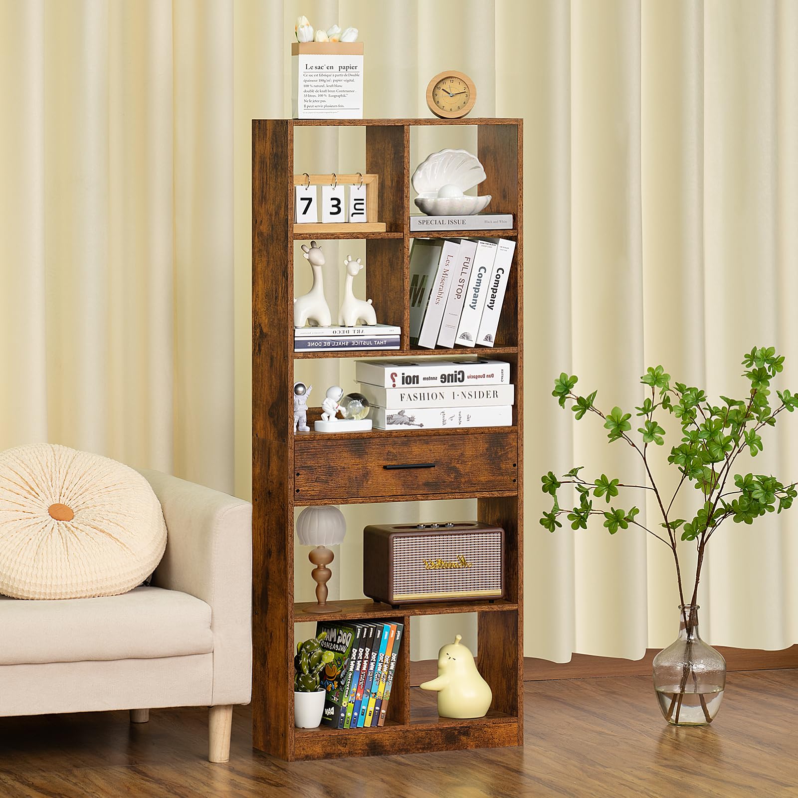 LELELINKY 6 Tier Open Bookshelf Mid Century Modern Bookcase, Wood Book Shelf with 8 Cubes and a Drawer, Floor Freestanding Bookshelves Cube Storage Organizer for Bedroom, Living Room, Office (Brown)