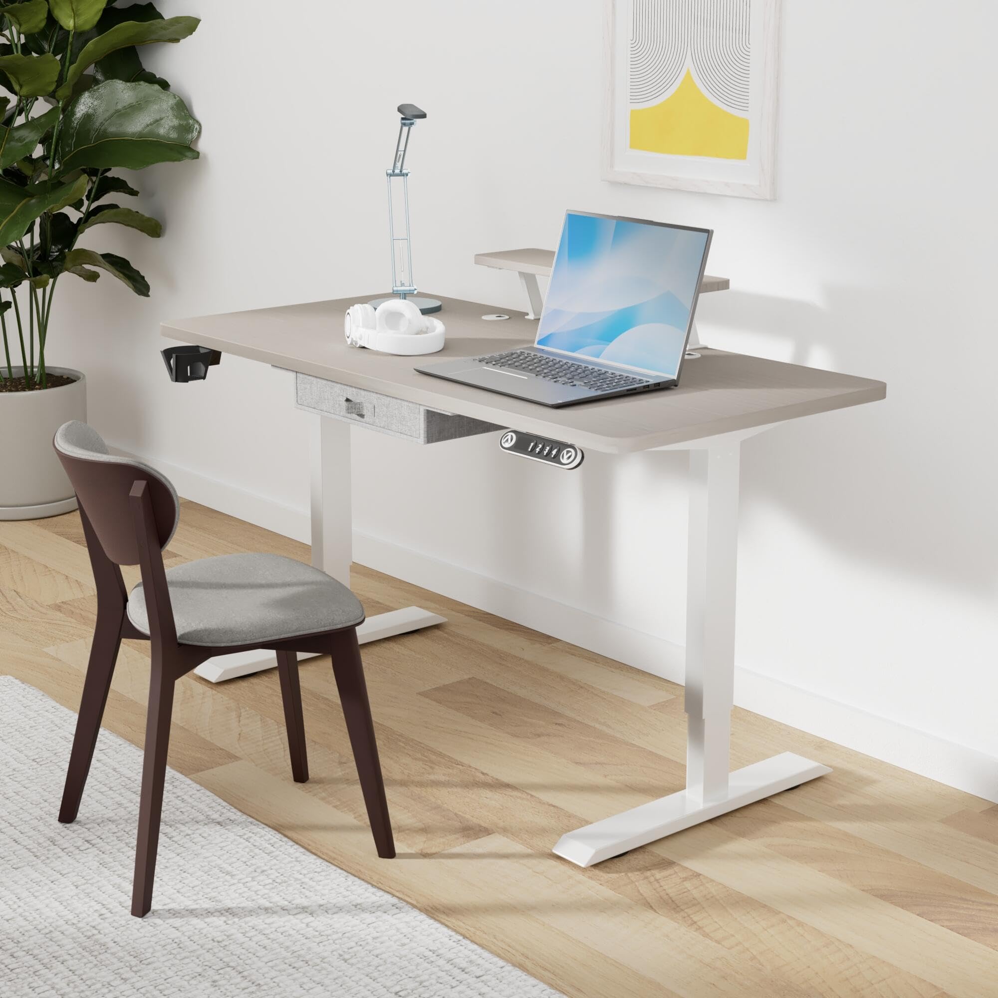 HEONAM Electric Standing Desk with Drawer, 63x30 Inches Height Adjustable Sit Stand Up Desk with Storage Shelf, Home Office Desk Computer Workstation with White Pearwood Top/White Frame