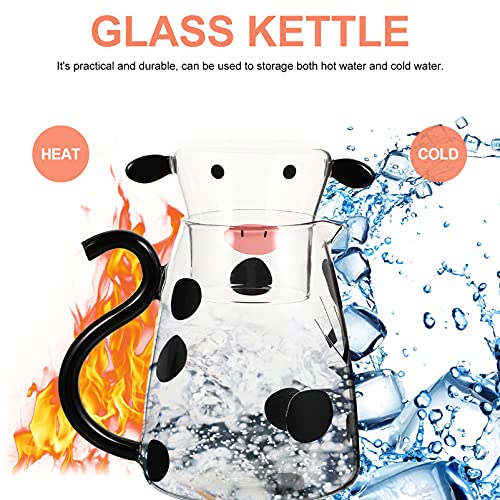 1 Set Glass Carafe Pitcher with Glass Mug Cute Cow Glass Tea Pitcher Kettle Milk Jug Night Water Carafe for Midnight Drink Home Office Hotel 550ml