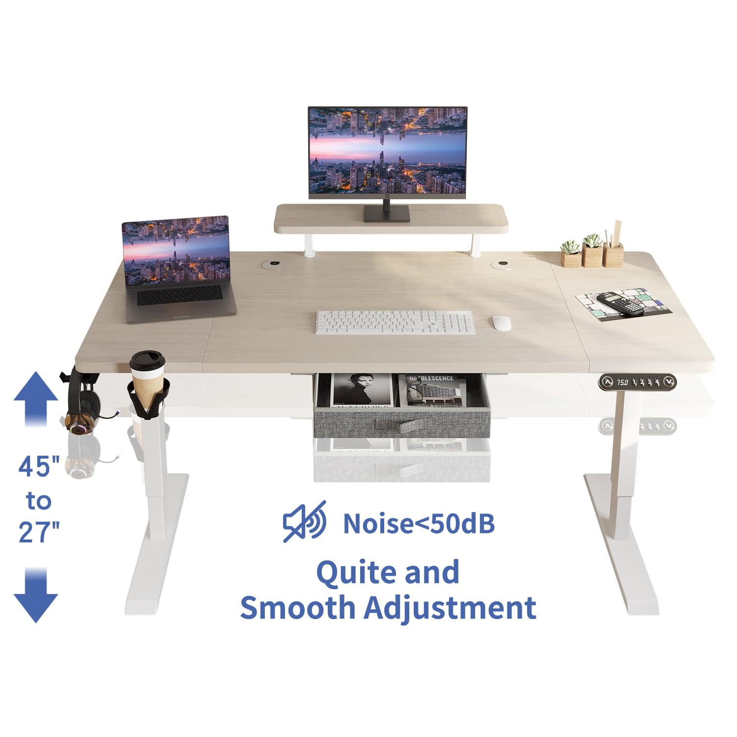 HEONAM Electric Standing Desk with Drawer, 63x30 Inches Height Adjustable Sit Stand Up Desk with Storage Shelf, Home Office Desk Computer Workstation with White Pearwood Top/White Frame
