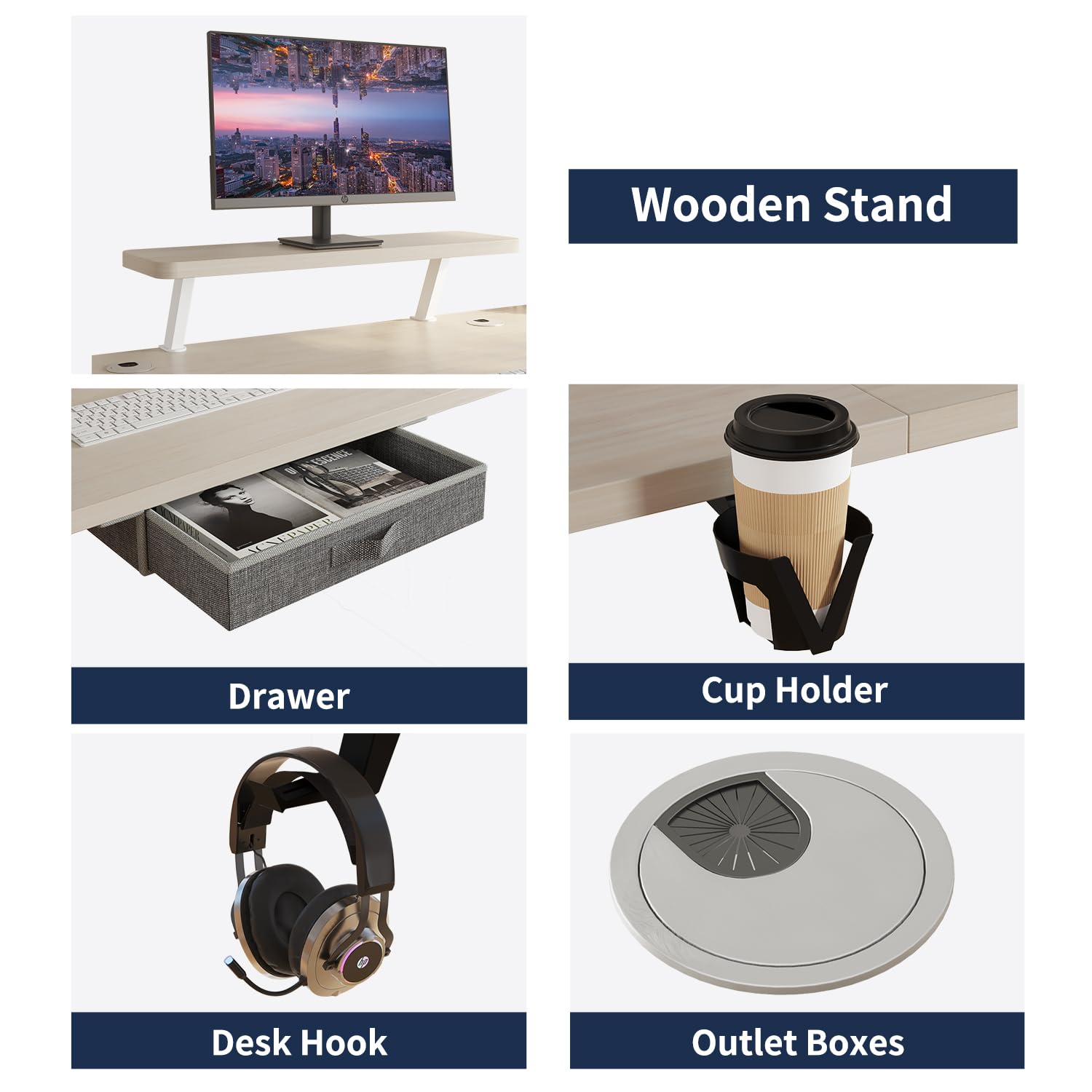 HEONAM Electric Standing Desk with Drawer, 63x30 Inches Height Adjustable Sit Stand Up Desk with Storage Shelf, Home Office Desk Computer Workstation with White Pearwood Top/White Frame