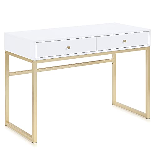 BELLEZE Modern 42 Inch Makeup Vanity Dressing Table or Home Office Computer Laptop Writing Desk with Two Storage Drawers, Wood Top, and Gold Metal Frame - Bronte (White)