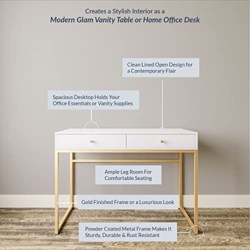 BELLEZE Modern 42 Inch Makeup Vanity Dressing Table or Home Office Computer Laptop Writing Desk with Two Storage Drawers, Wood Top, and Gold Metal Frame - Bronte (White)