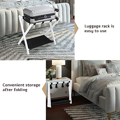 Luggage Rack 4 Pack, Luggage Racks with Heavy Duty Nylon Belts, Folding Space saving Luggage Stand, Wood Suitcase Holder Shelf For Bedroom, Luggage Racks with Nylon Shoe Rack, White