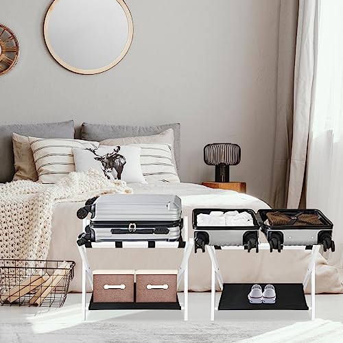 Luggage Rack 4 Pack, Luggage Racks with Heavy Duty Nylon Belts, Folding Space saving Luggage Stand, Wood Suitcase Holder Shelf For Bedroom, Luggage Racks with Nylon Shoe Rack, White