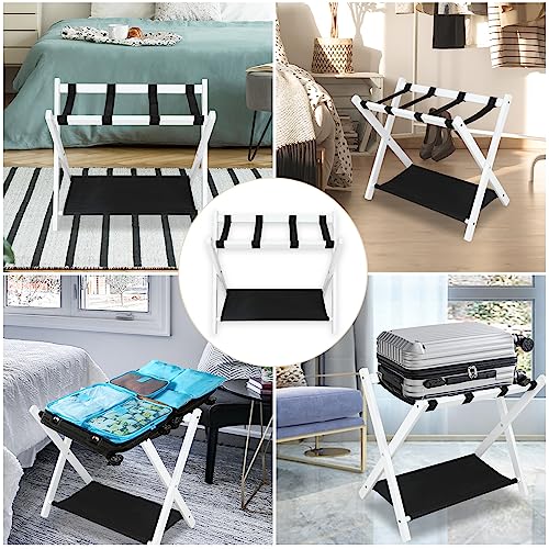 Luggage Rack 4 Pack, Luggage Racks with Heavy Duty Nylon Belts, Folding Space saving Luggage Stand, Wood Suitcase Holder Shelf For Bedroom, Luggage Racks with Nylon Shoe Rack, White