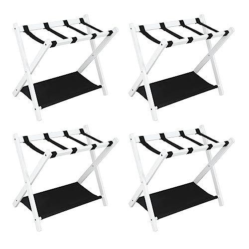 Luggage Rack 4 Pack, Luggage Racks with Heavy Duty Nylon Belts, Folding Space saving Luggage Stand, Wood Suitcase Holder Shelf For Bedroom, Luggage Racks with Nylon Shoe Rack, White