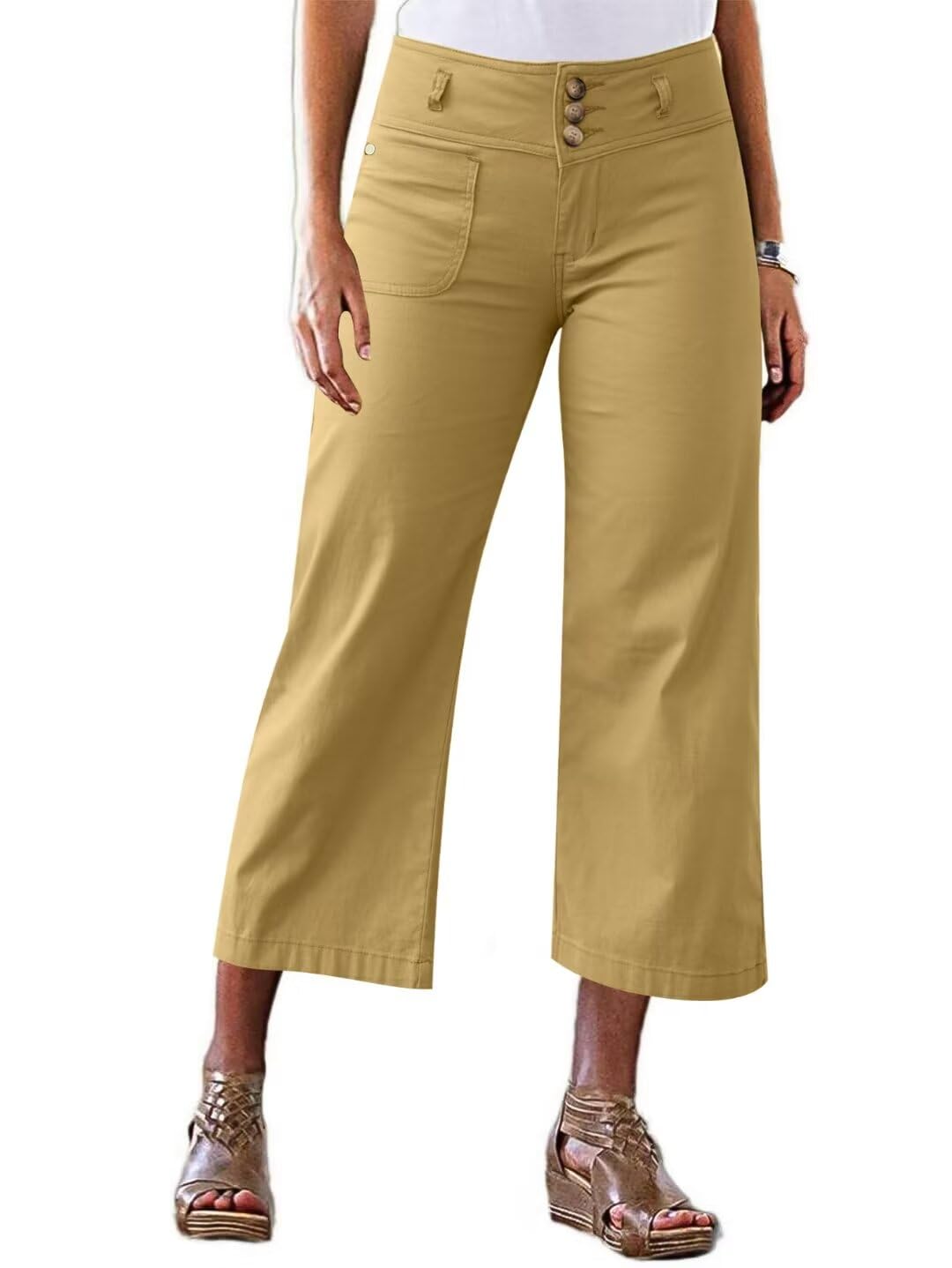Flamingals Women's Solid Button Up Wide Leg Crop Jeans Low Waist Casual Pants Khaki