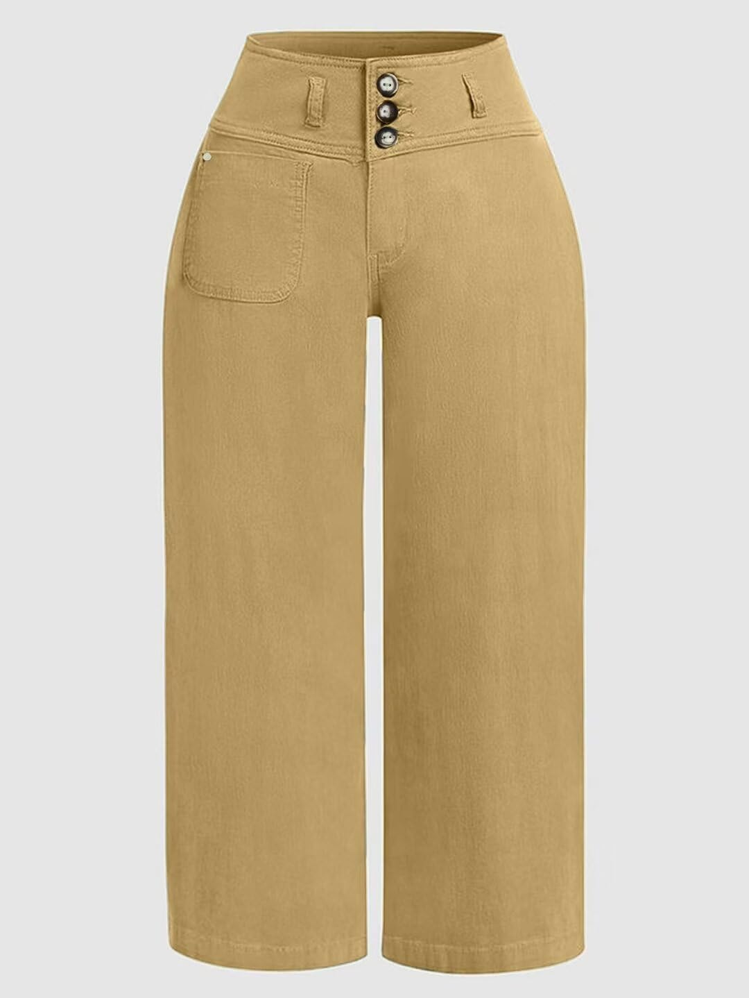 Flamingals Women's Solid Button Up Wide Leg Crop Jeans Low Waist Casual Pants Khaki