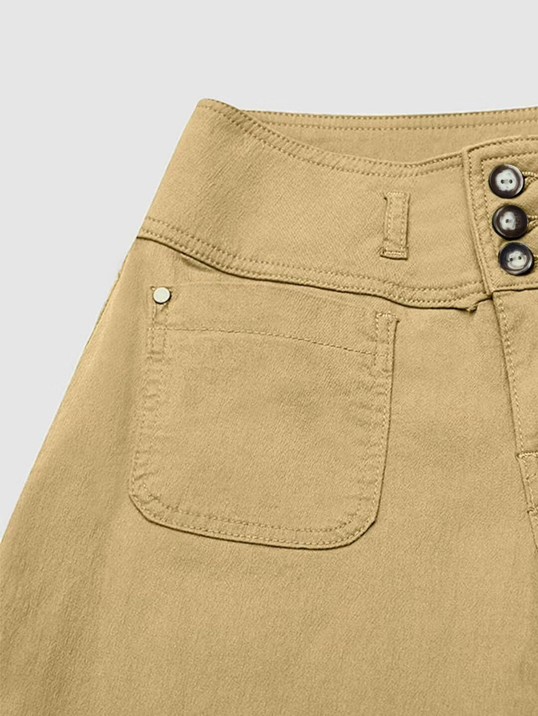 Flamingals Women's Solid Button Up Wide Leg Crop Jeans Low Waist Casual Pants Khaki