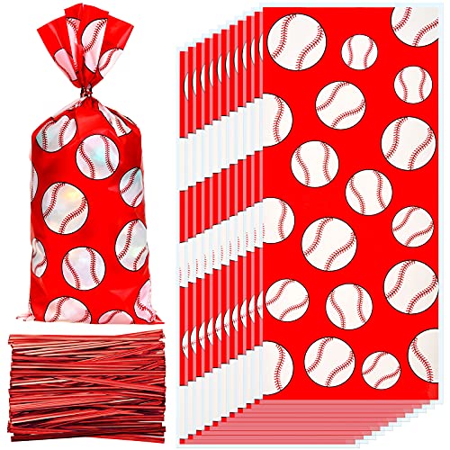 100 Pieces Baseball Treat Candy Bags Baseball Cellophane Bags Baseball Goody Plastic Bags with 200 Pieces Twist Ties for Baseball Birthday Party Supplies Decorations (Red)