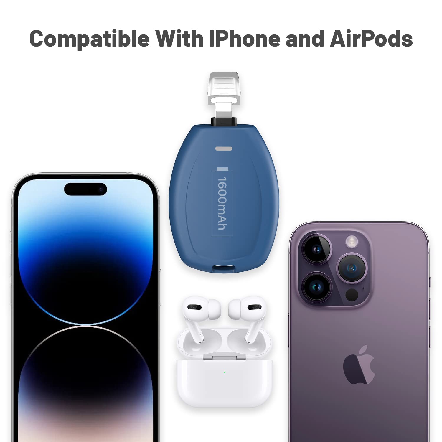 HUAENG Keychain Portable Charger for iPhone 14 12 X 6S Airpods, 1600mAh Mini iPhone Power Bank Power Emergency Pod Ultra-Compact External Fast Charging Battery Pack Key Ring Cell Phone Charger-Blue
