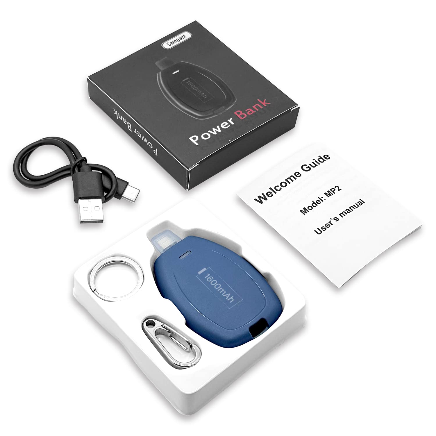 HUAENG Keychain Portable Charger for iPhone 14 12 X 6S Airpods, 1600mAh Mini iPhone Power Bank Power Emergency Pod Ultra-Compact External Fast Charging Battery Pack Key Ring Cell Phone Charger-Blue