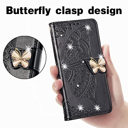 Ysnzaq Samsung Galaxy A32 5G (Not 4G) Lanyard Wallet Case,3D Butterfly Embossed Leather Magnetic Clasp Phone Case with Card Slots Holder Cover for Samsung Galaxy A32 5G HZDGS Rhinestone Black