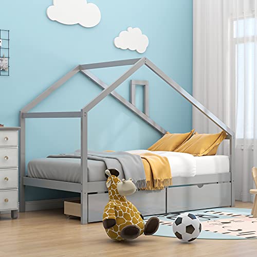 Platform Bed Daybed with Two Pull-Out Drawers and Roof, House Bed Frame for Kids, Twin Size, Gray