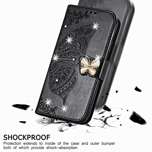 Ysnzaq Samsung Galaxy A32 5G (Not 4G) Lanyard Wallet Case,3D Butterfly Embossed Leather Magnetic Clasp Phone Case with Card Slots Holder Cover for Samsung Galaxy A32 5G HZDGS Rhinestone Black