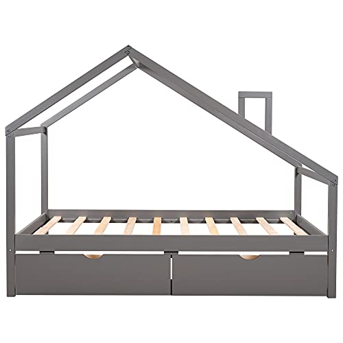 Platform Bed Daybed with Two Pull-Out Drawers and Roof, House Bed Frame for Kids, Twin Size, Gray