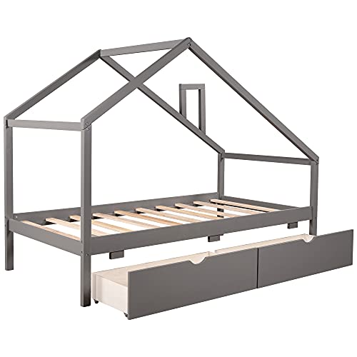 Platform Bed Daybed with Two Pull-Out Drawers and Roof, House Bed Frame for Kids, Twin Size, Gray