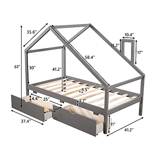 Platform Bed Daybed with Two Pull-Out Drawers and Roof, House Bed Frame for Kids, Twin Size, Gray